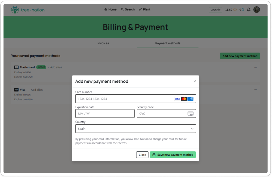 Manage your payment card details