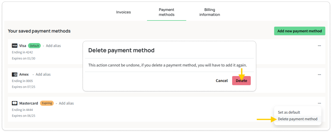Manage your payment card details